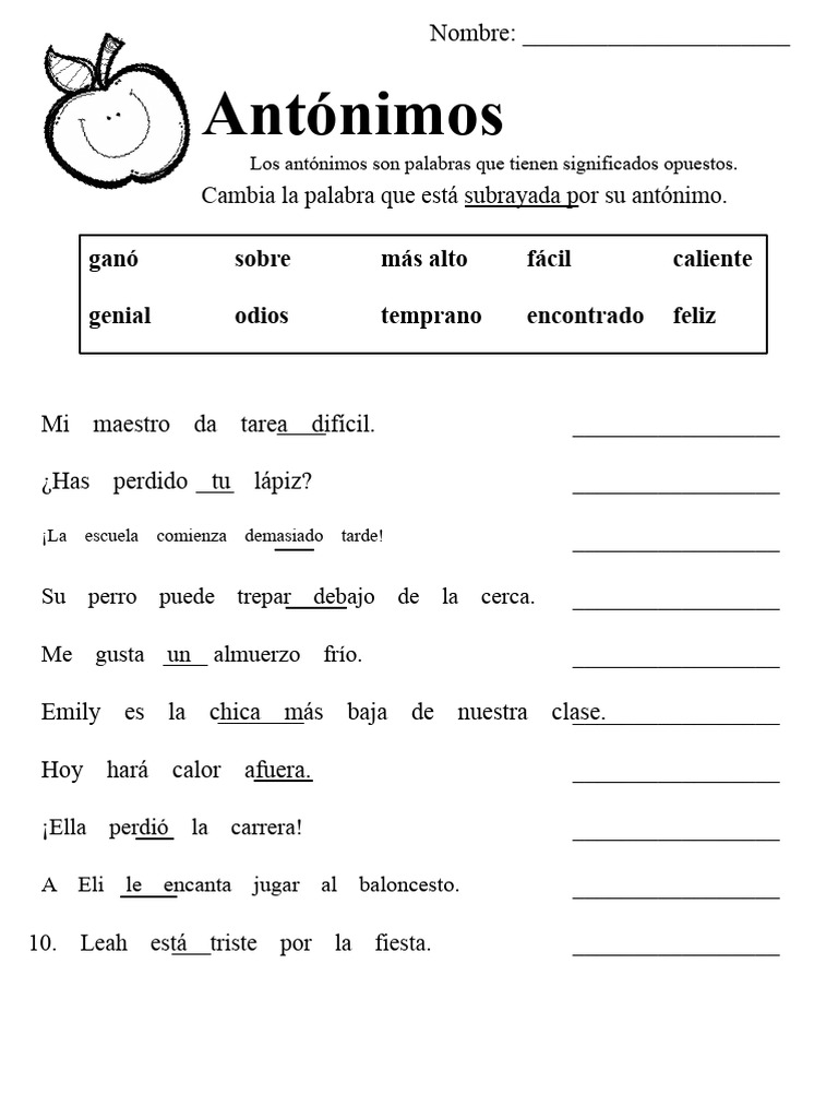 Hoja de Trabajo de Antónimos | PDF