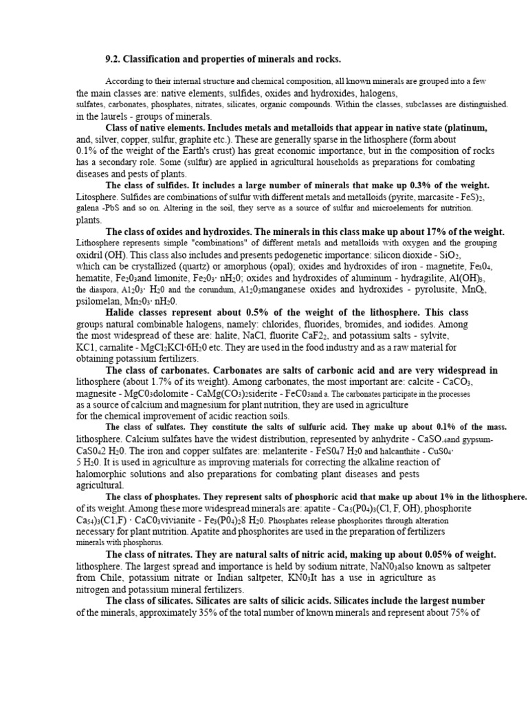 Classification and Properties of Minerals and Rocks. | PDF | Minerals ...