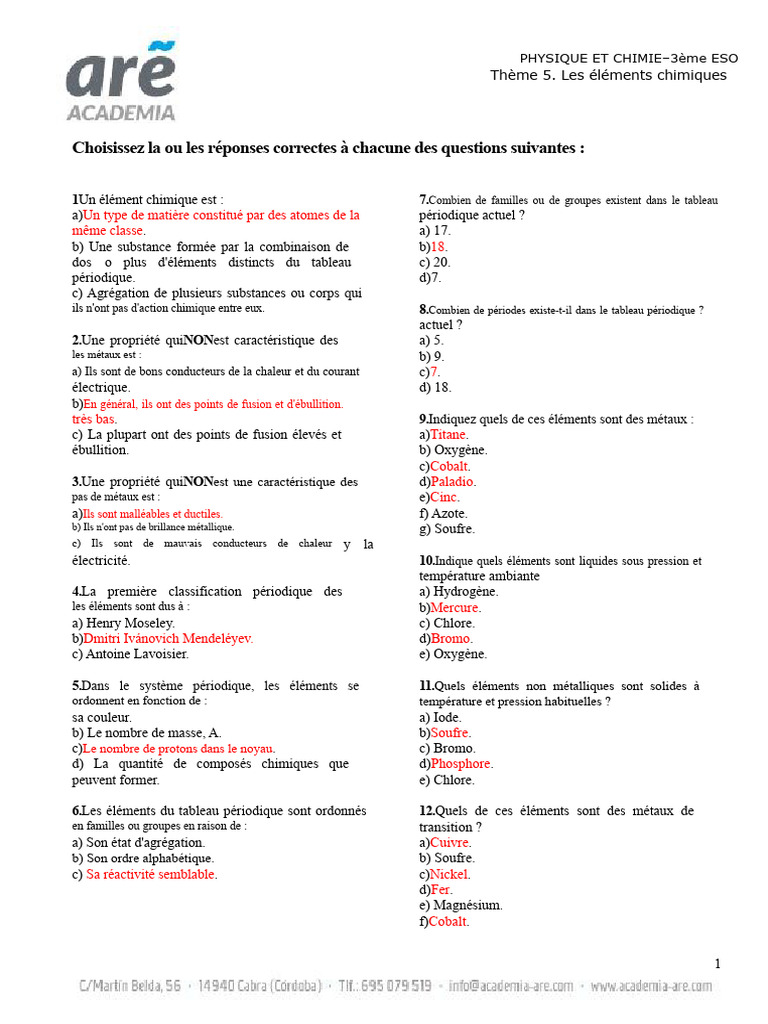 Éléments chimiques : questions et réponses | PDF | Tableau périodique ...
