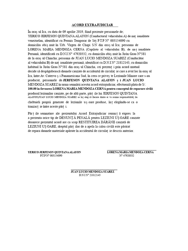Model de Acord Extrajudiciar. | PDF