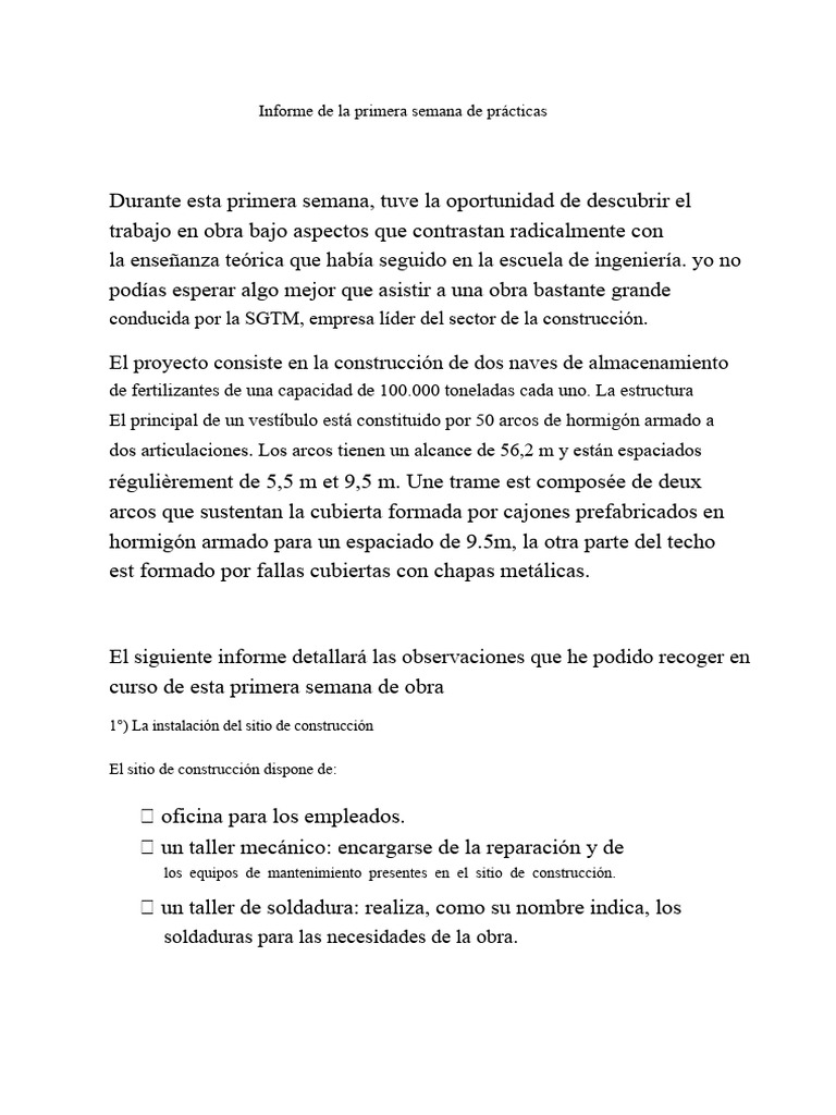 Informe de La Primera Semana de Prácticas | PDF | Hormigón
