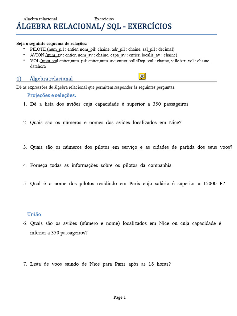 ÁLGEBRA RELACIONAL _ SQL - EXERCÍCIOS | PDF | Avião | Aeronave