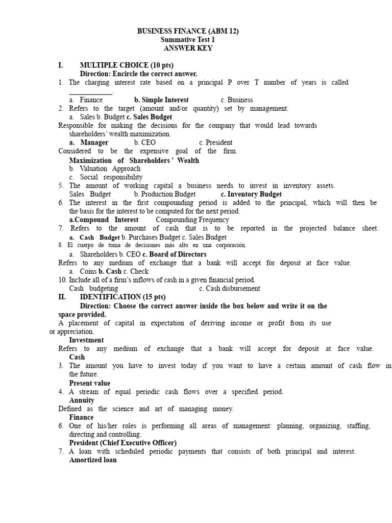 Answer Key Summative Exam 1 & 2 Business Finance | PDF | Investing ...