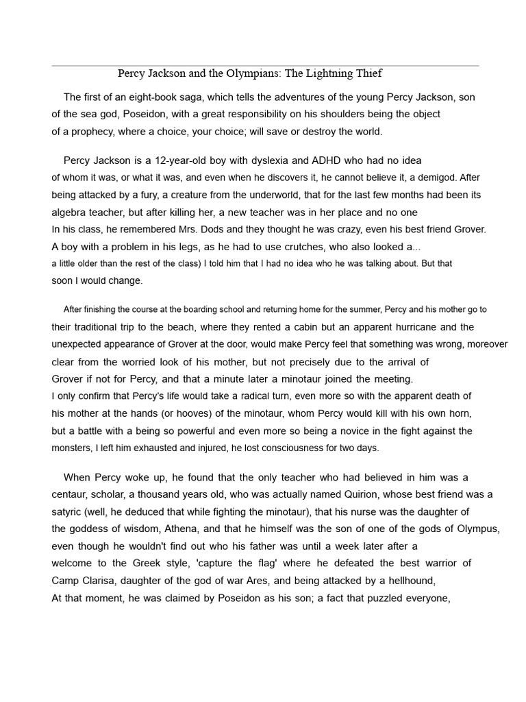 Summary: Percy Jackson The Lightning Thief - Rick Riordan (2005) | PDF ...
