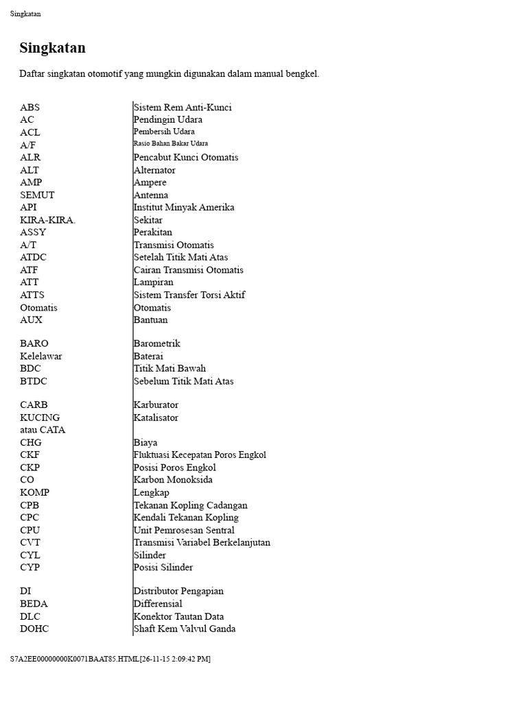 Daftar Singkatan Otomotif | PDF