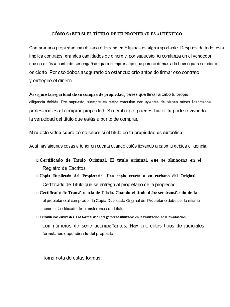 Cómo Saber Si El Título de Su Propiedad Es Auténtico | PDF | Propiedad ...