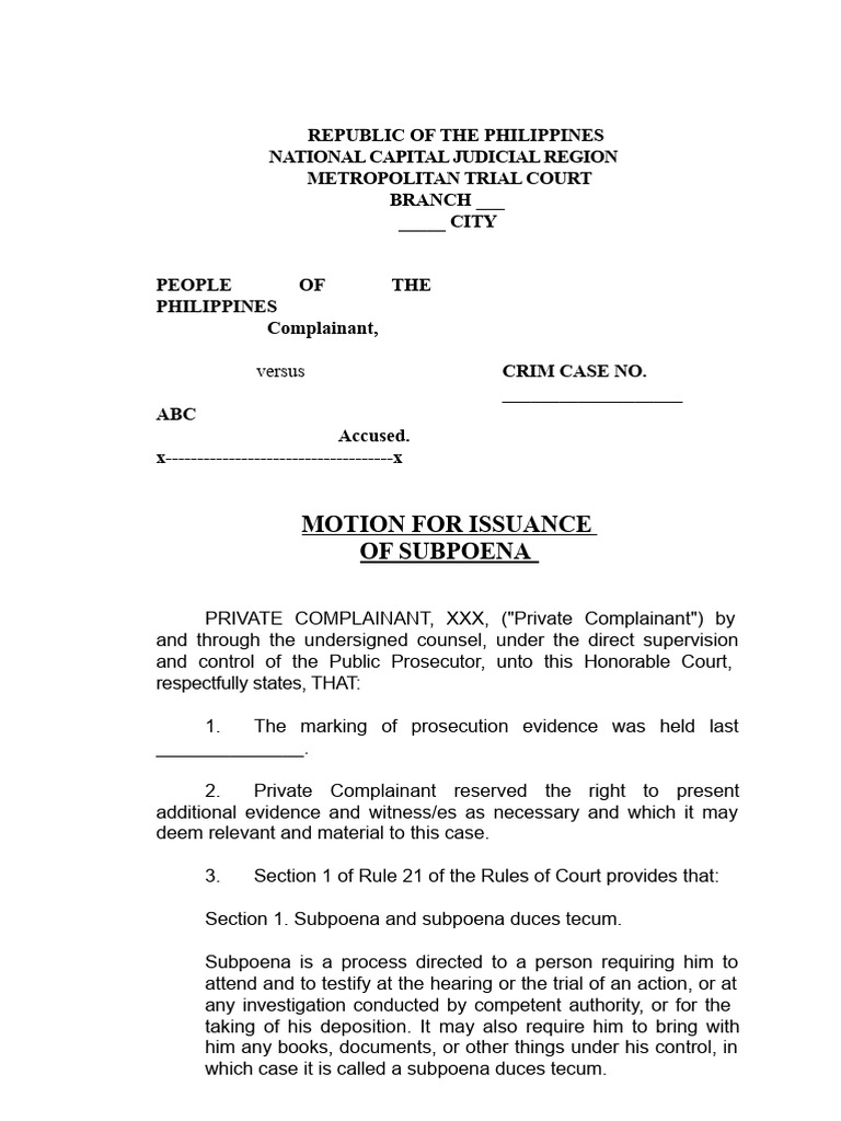 Motion for Subpoena in Criminal Case | PDF | Subpoena Duces Tecum ...