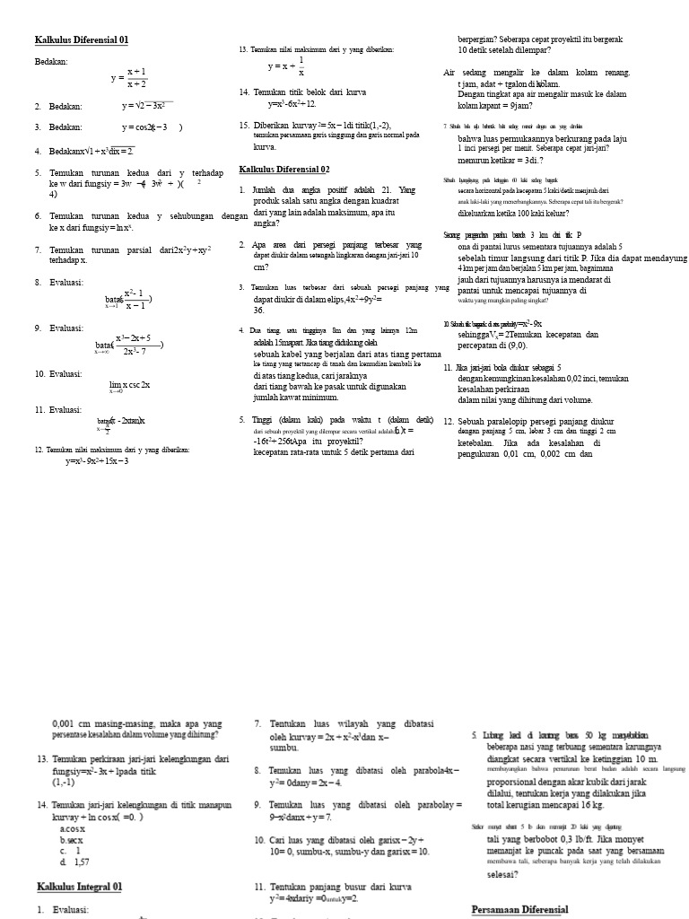 SET MASALAH (Kalkulus Diferensial & Integral Dan De) | PDF