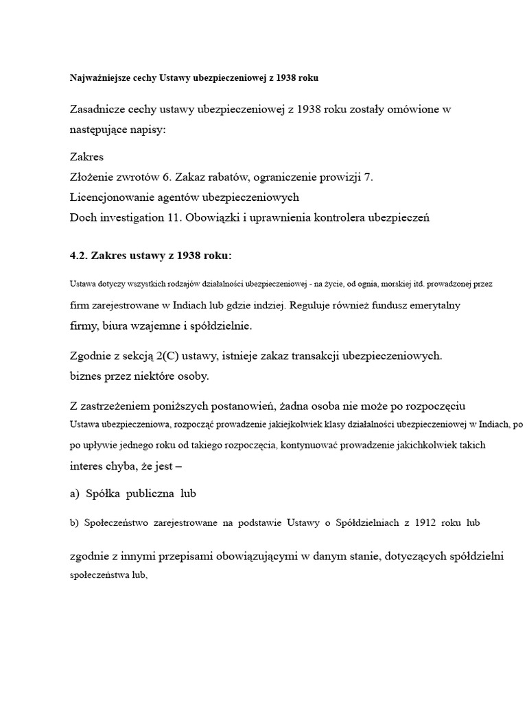 Najważniejsze Cechy Ustawy o Ubezpieczeniach | PDF