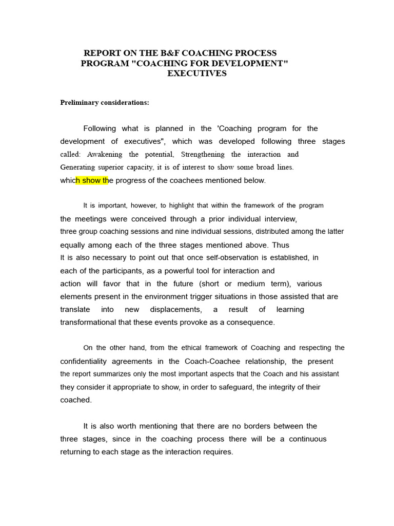 B&F Executive Coaching Process Report | PDF | Leadership | Learning