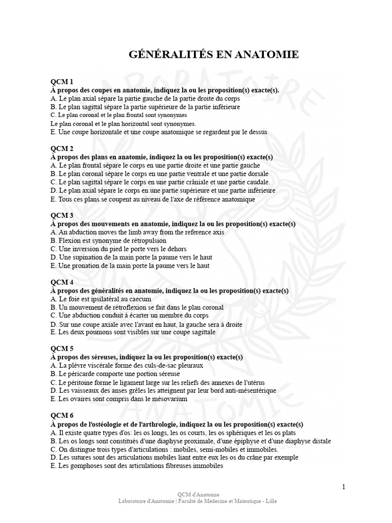 QCM Généralités en Anatomie | PDF | Articulation (anatomie) | Système de référence en anatomie