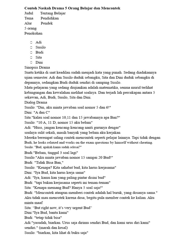 Contoh Naskah Drama 5 Orang Belajar Dan Mencontek | PDF