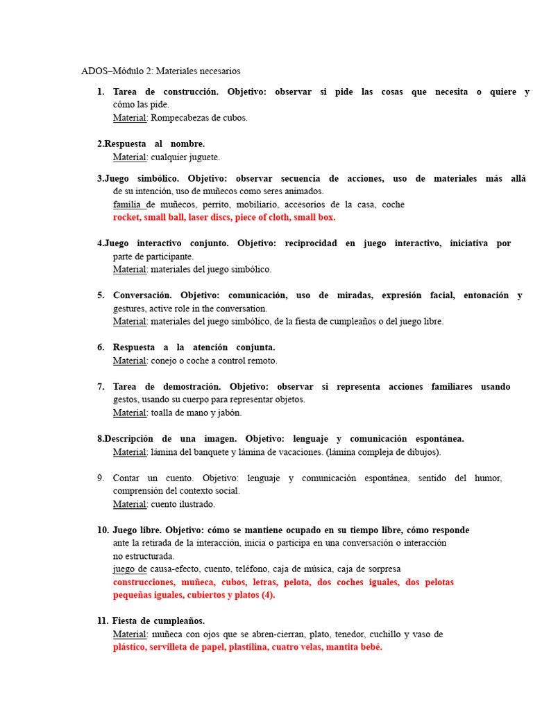 ADOS-Módulo 2, Materiales | PDF
