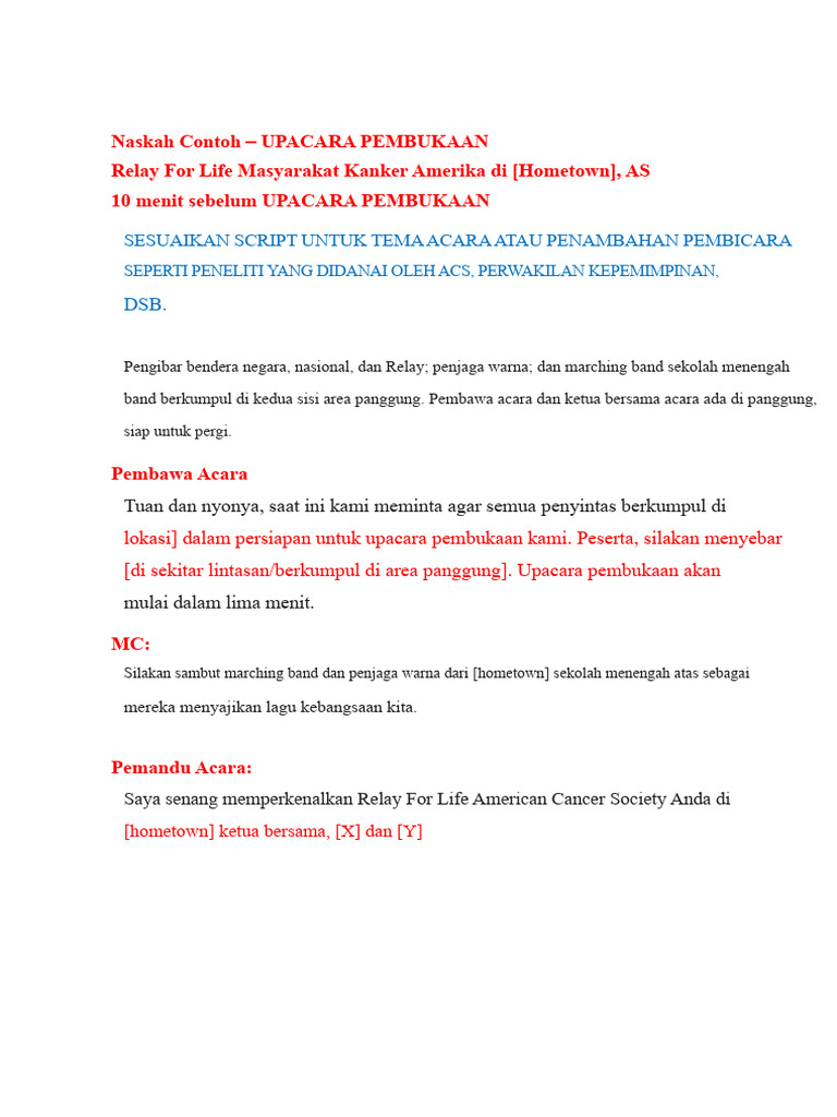 Skrip Contoh Upacara Pembukaan RFL 033110 | PDF