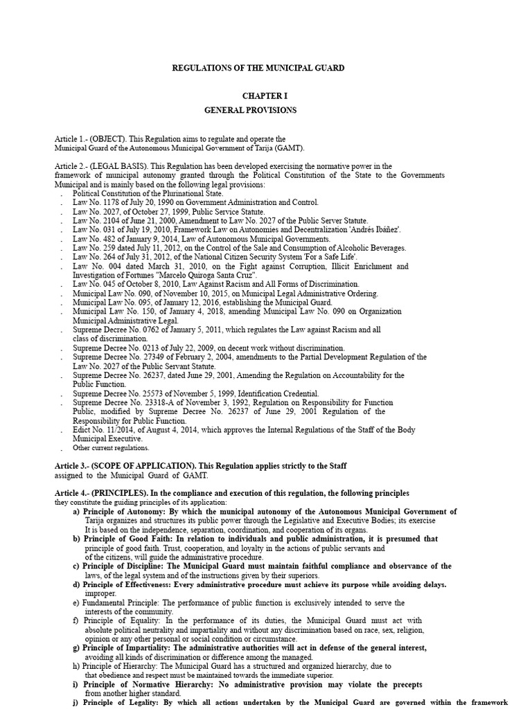 Municipal Guard Regulations Tarija | PDF | Police | Regulatory Compliance
