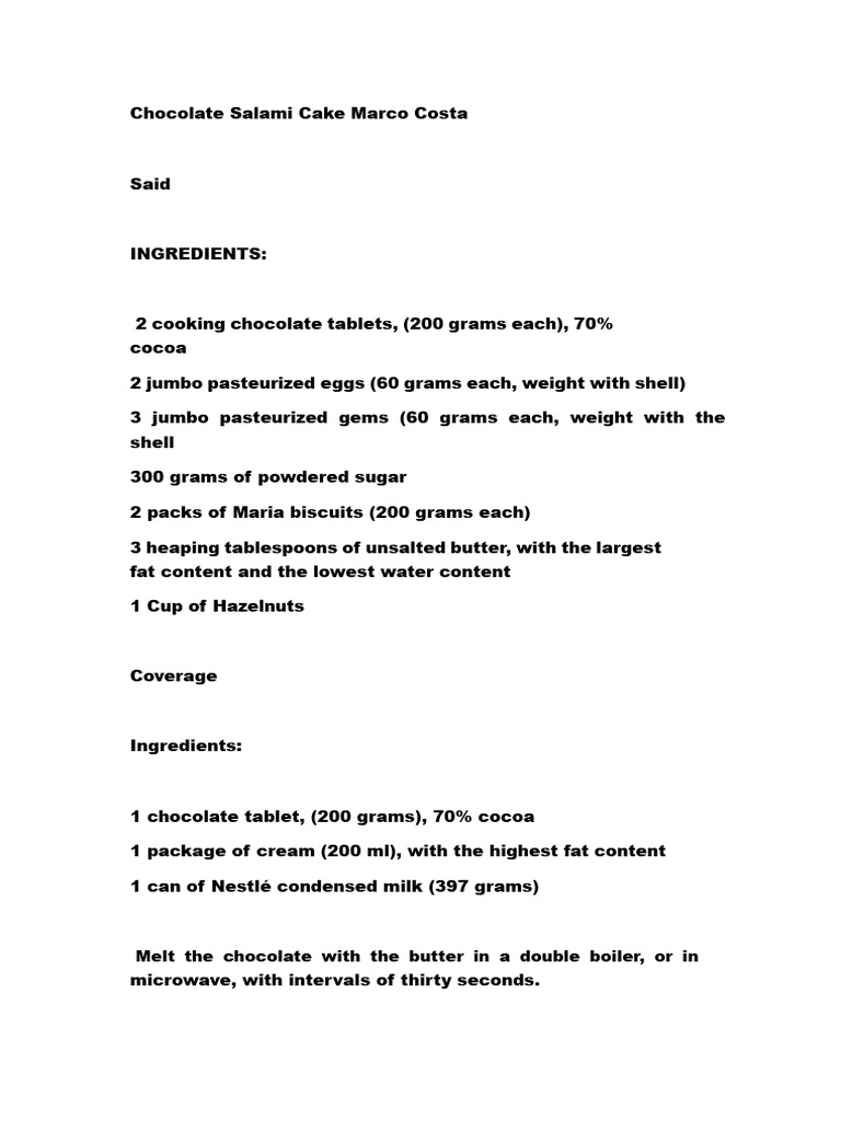 Chocolate Salami Cake Marco Costa | PDF