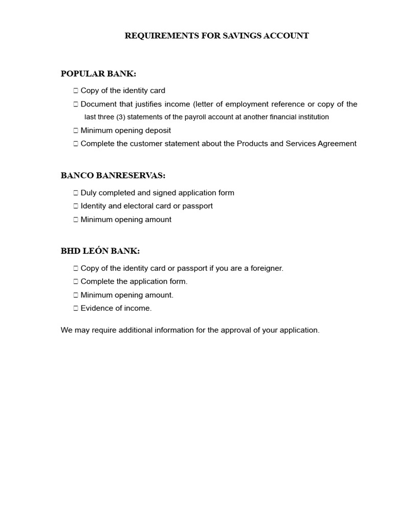 Requirements For Savings Account and Personal Loans | PDF