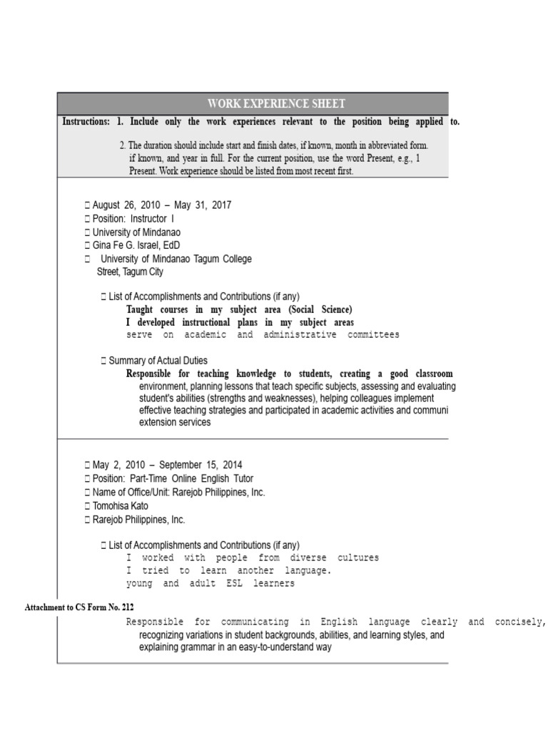 CS Form No. 212 Attachment - Work Experience Sheet | PDF