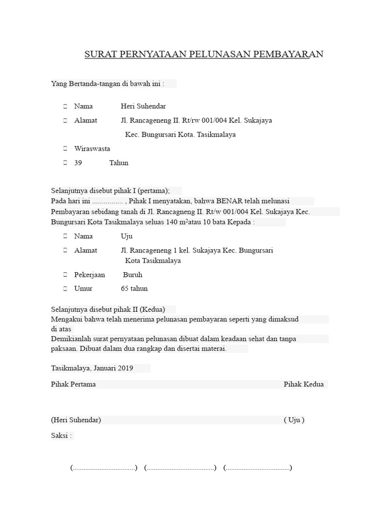 Surat Pernyataan Pelunasan Pembayaran | PDF