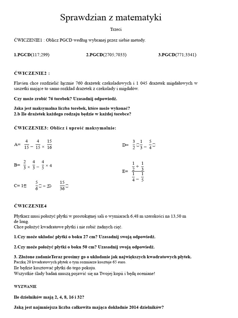 Kontrola Matematyczna Trzecia PGCD Ułamki | PDF