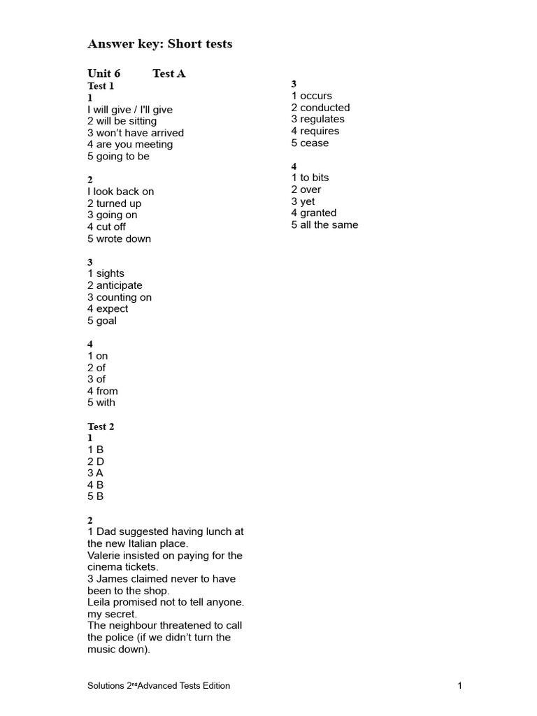 Short Test Unit 6 1A+2A Key | PDF