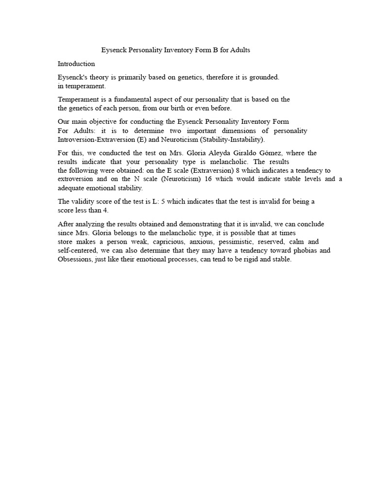 Eysenck Personality Inventory Form B For Adults | PDF