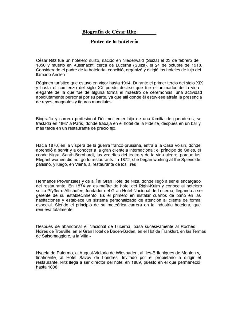 Biografía de César Ritz, padre hotelero | PDF