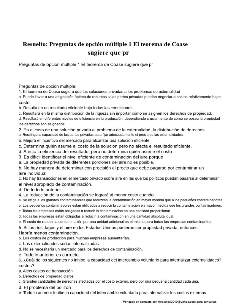 Las Preguntas de Opción Múltiple 1 El Teorema de Coase Sugiere Que PR ...