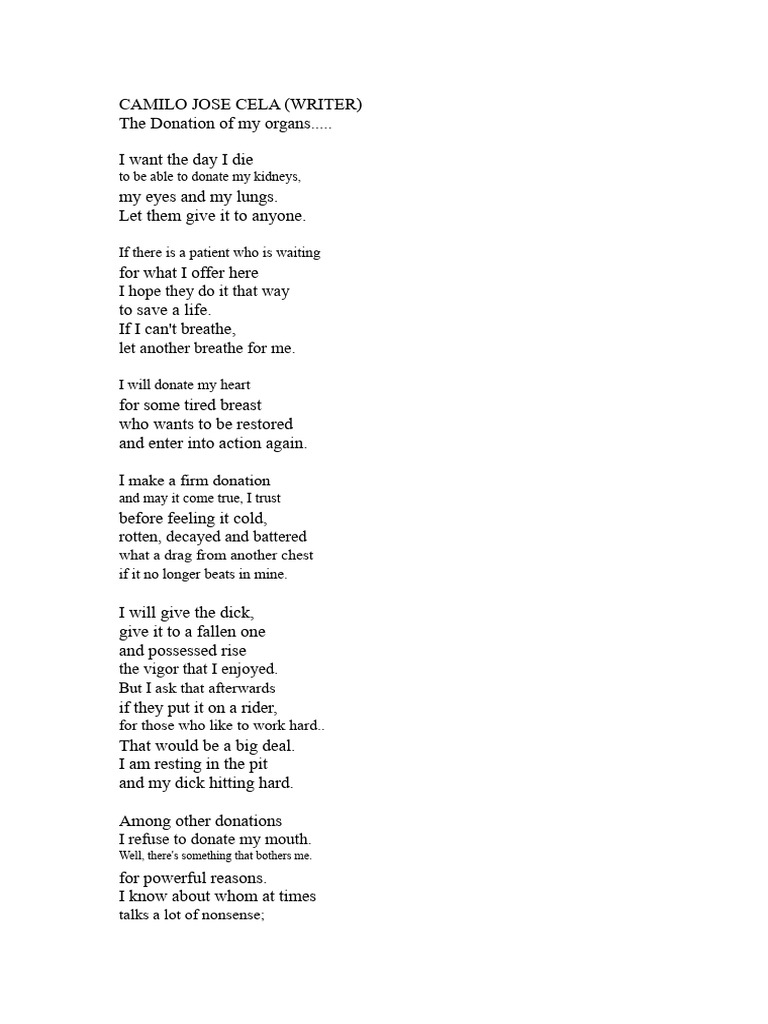Camilo José Cela's Organ Donation Poem | PDF