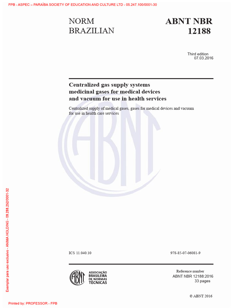 NBR 12188-Medicinal Gases Updated | PDF | Valve | Chemical Engineering