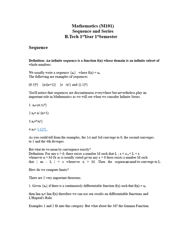 Btech 1st Sem: Maths: Sequence and Series | PDF | Sequence | Limit (Mathematics)