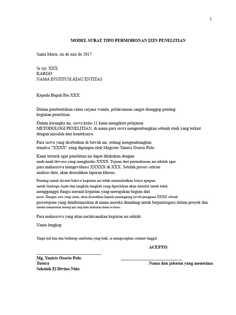 Model Surat Permintaan Izin Untuk Penelitian. | PDF