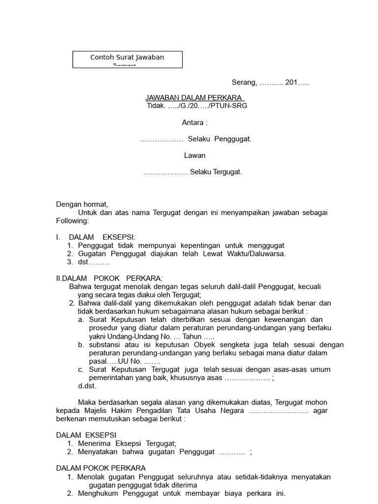 Jawaban Tergugat dalam Perkara Biaya | PDF