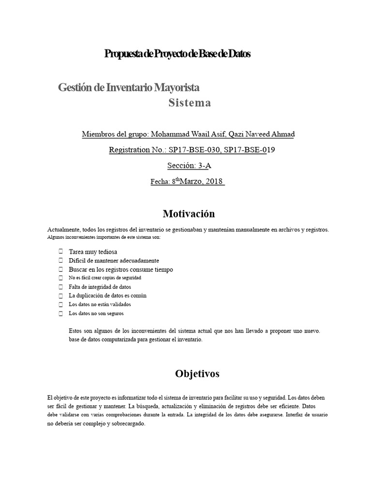 Propuesta de Proyecto de Base de Datos | PDF