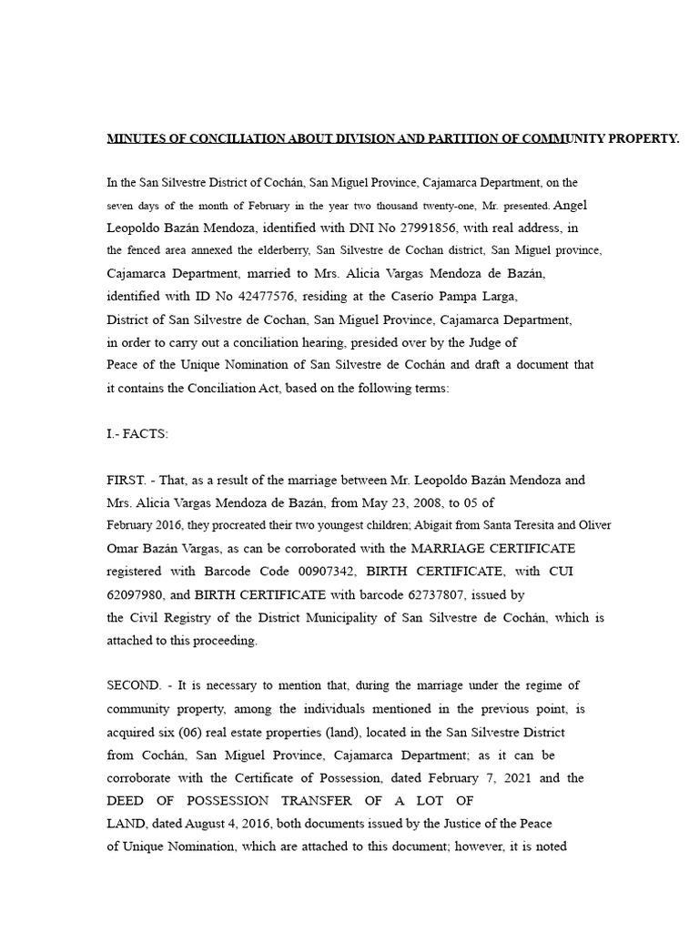Minutes of Conciliation On Division and Partition of Community Property ...