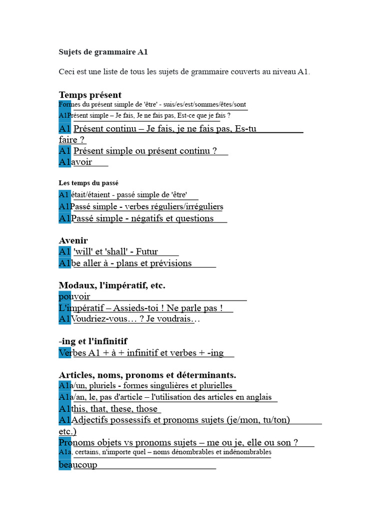 Sujets de Grammaire A1-A2 | PDF | Adverbe | Linguistique