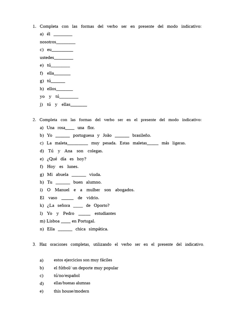 Verbo SER - Ejercicios | PDF