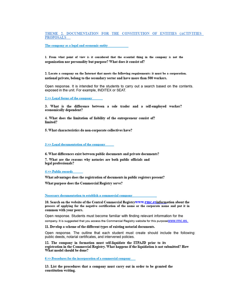 Topic 2. Documentation For The Establishment of Entities. Activities ...