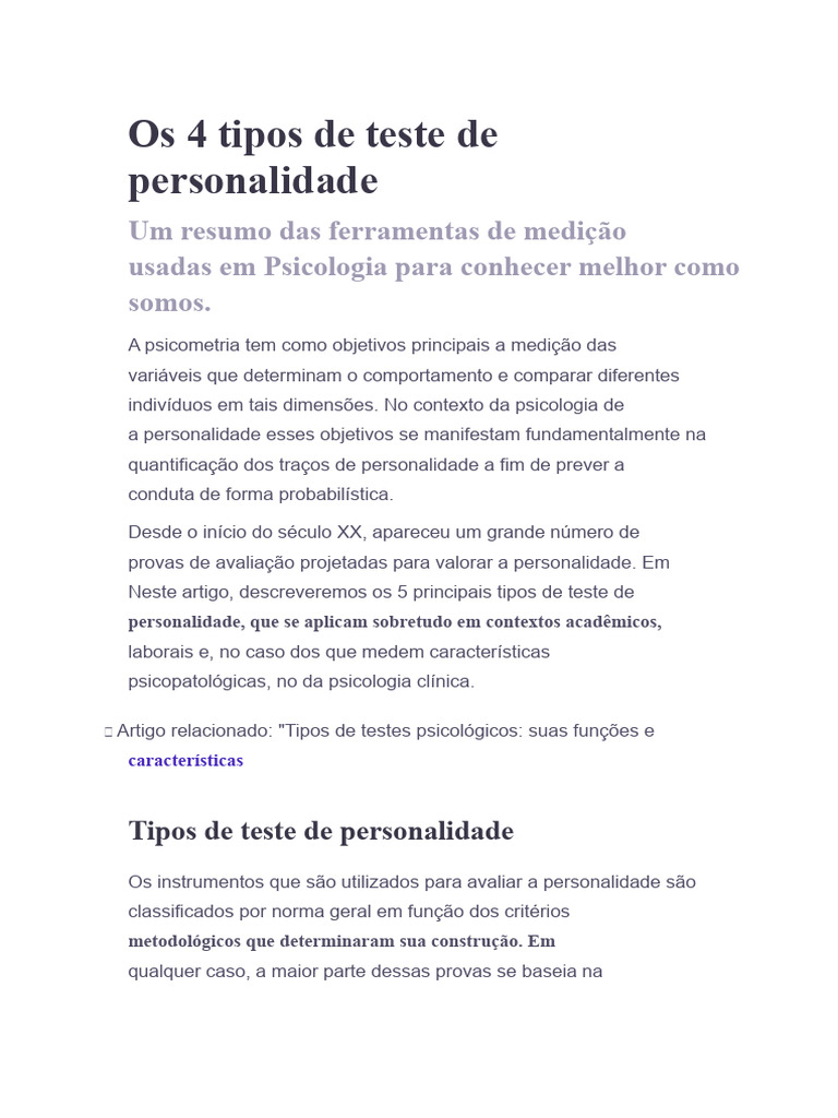 4 Tipos de Testes de Personalidade | PDF | Psicologia | Ciências ...