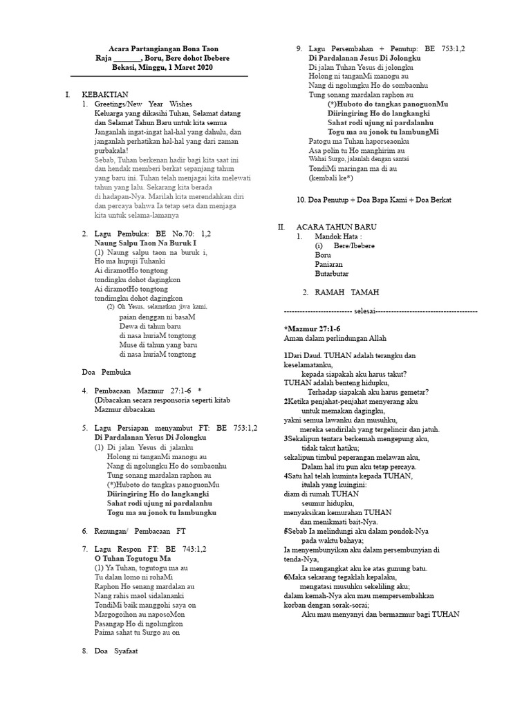 Acara Partangiangan Bona Taon 2020 | PDF
