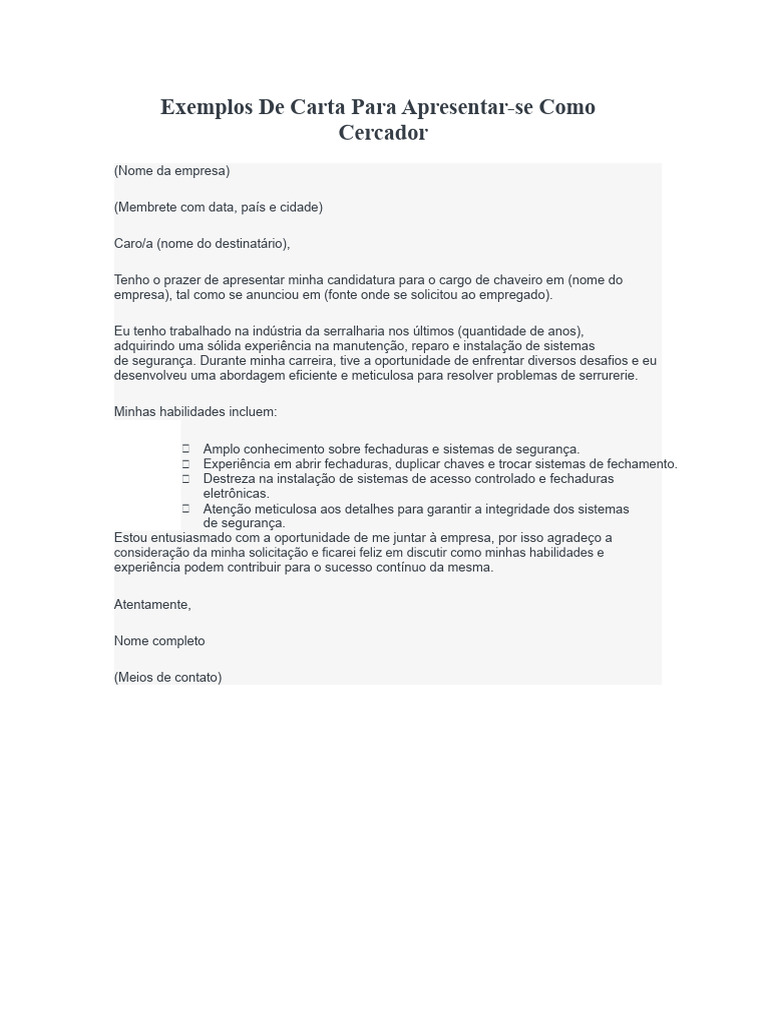 Exemplos de Carta para Se Apresentar Como Fechador | PDF