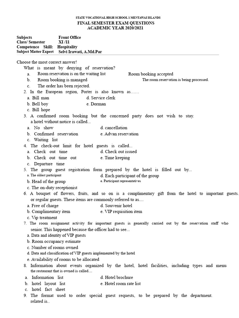 Even Front Office Questions | PDF | Hotel