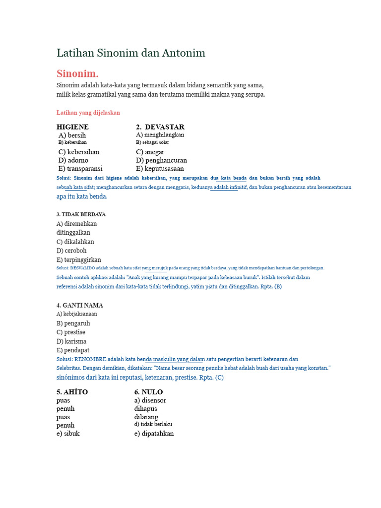 Latihan Sinonim Dan Antonim | PDF