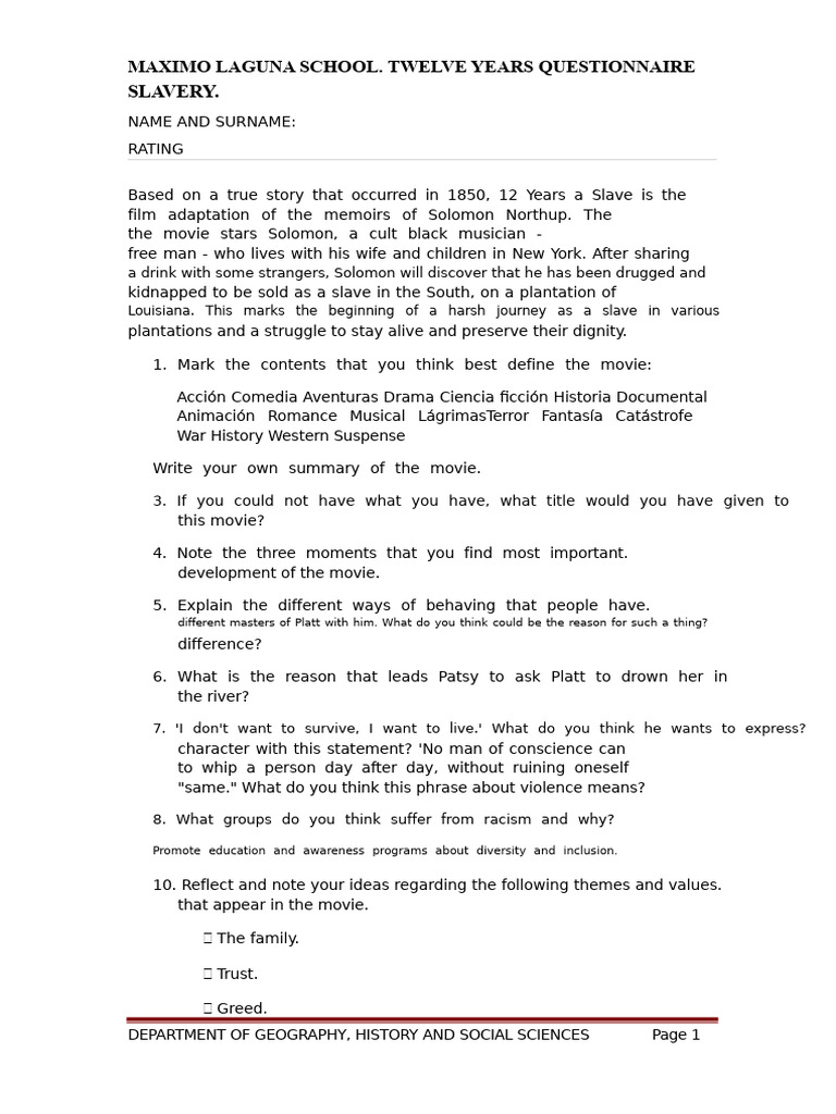 Questionnaire Twelve Years A Slave | PDF