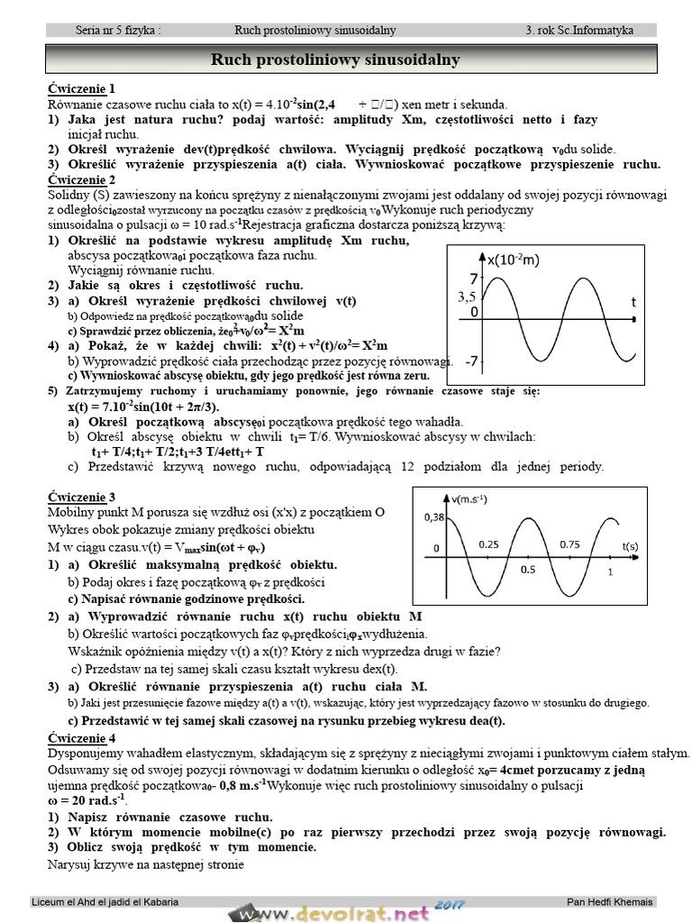 Seria Ćwiczeń NR 5 - Fizyka - Ruch Prostoliniowy Sinusoidalny - Klasa 3 ...