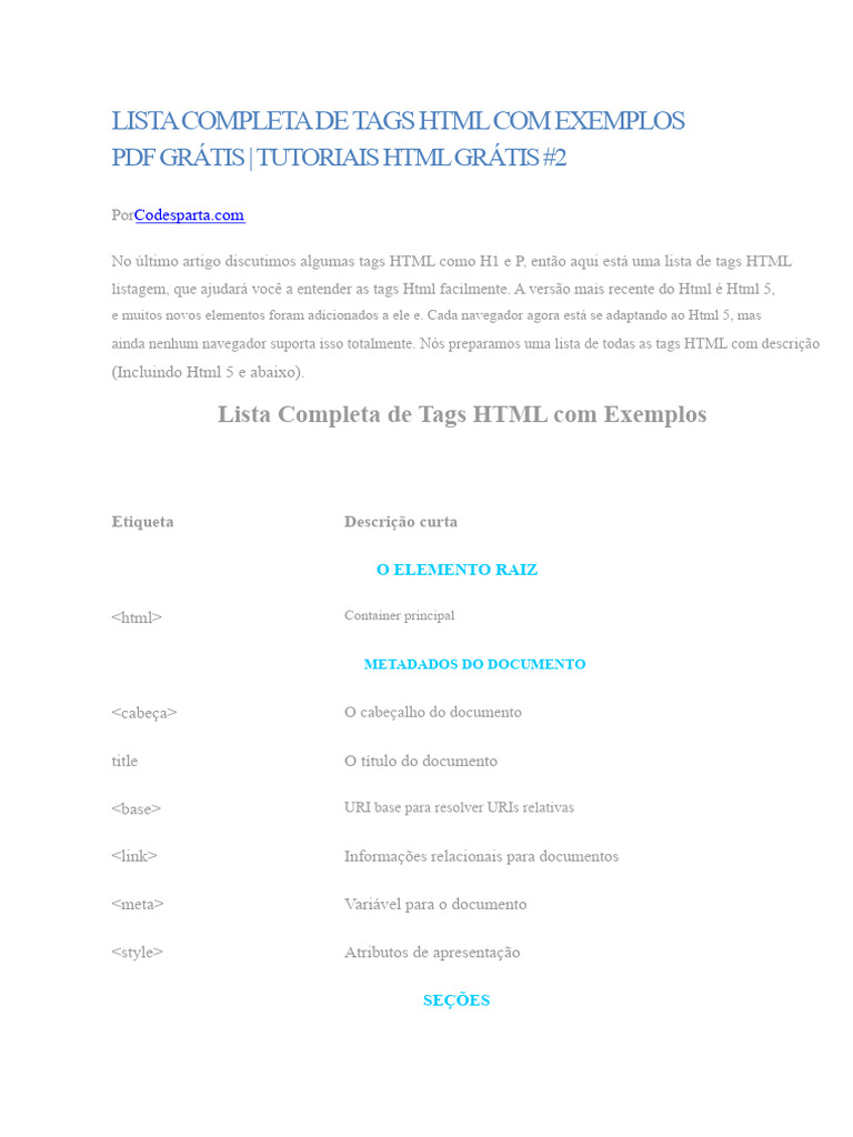 Lista Completa de Tags HTML com Exemplos | PDF | Html | Html5
