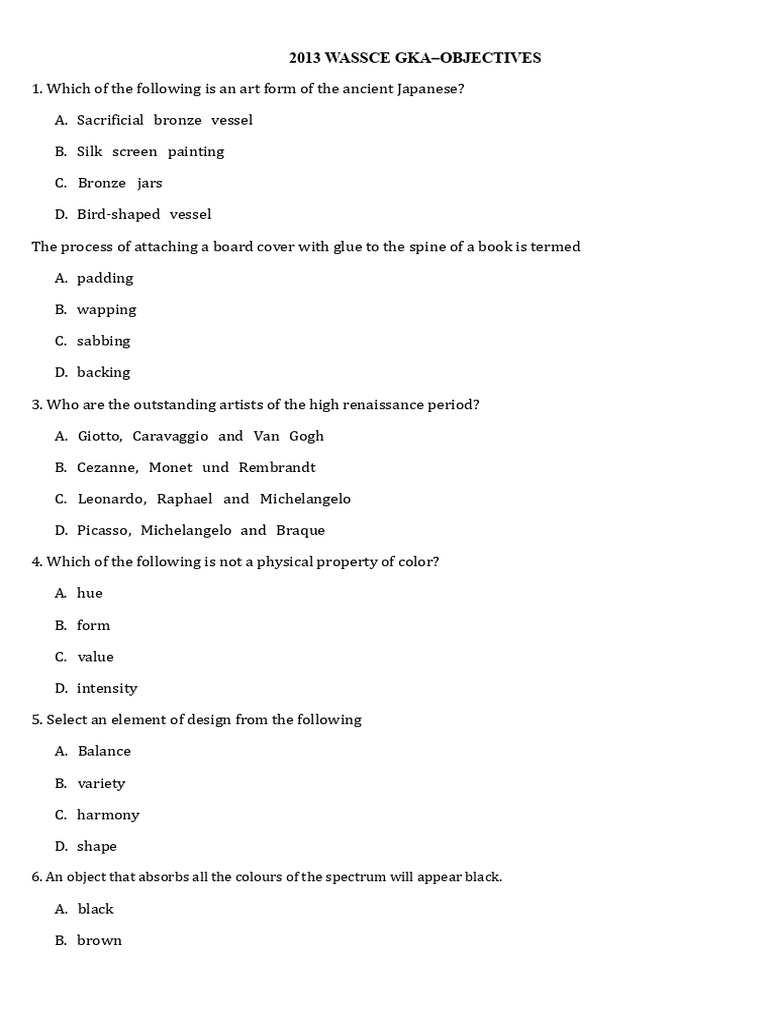 2013 Wassce Gka - Objectives | PDF | Sculpture | Drawing