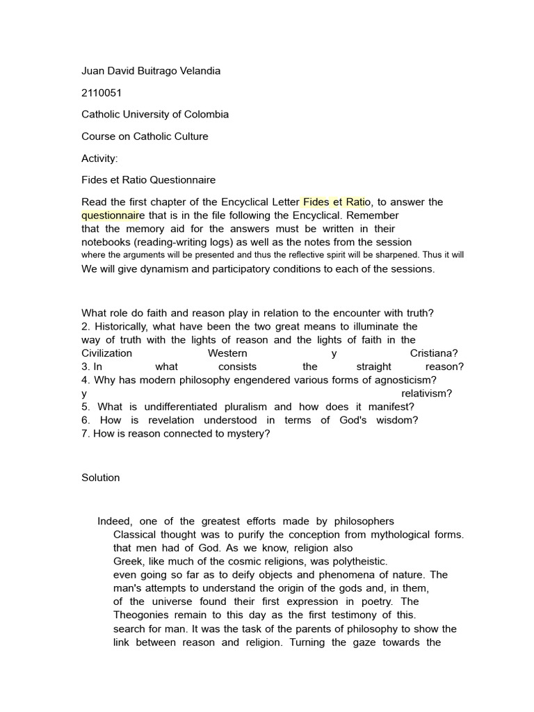 Questionnaire Fides Et Ratio | PDF | Reason | Relativism