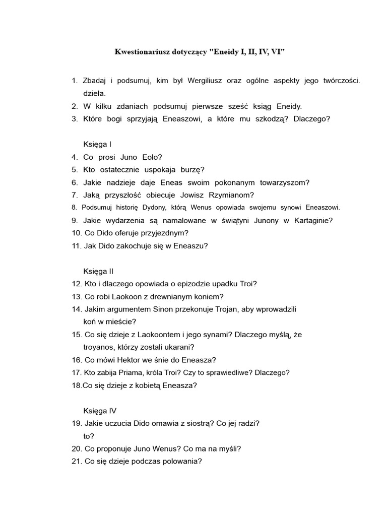 Eneida I, II, IV I VI - Quiz | PDF