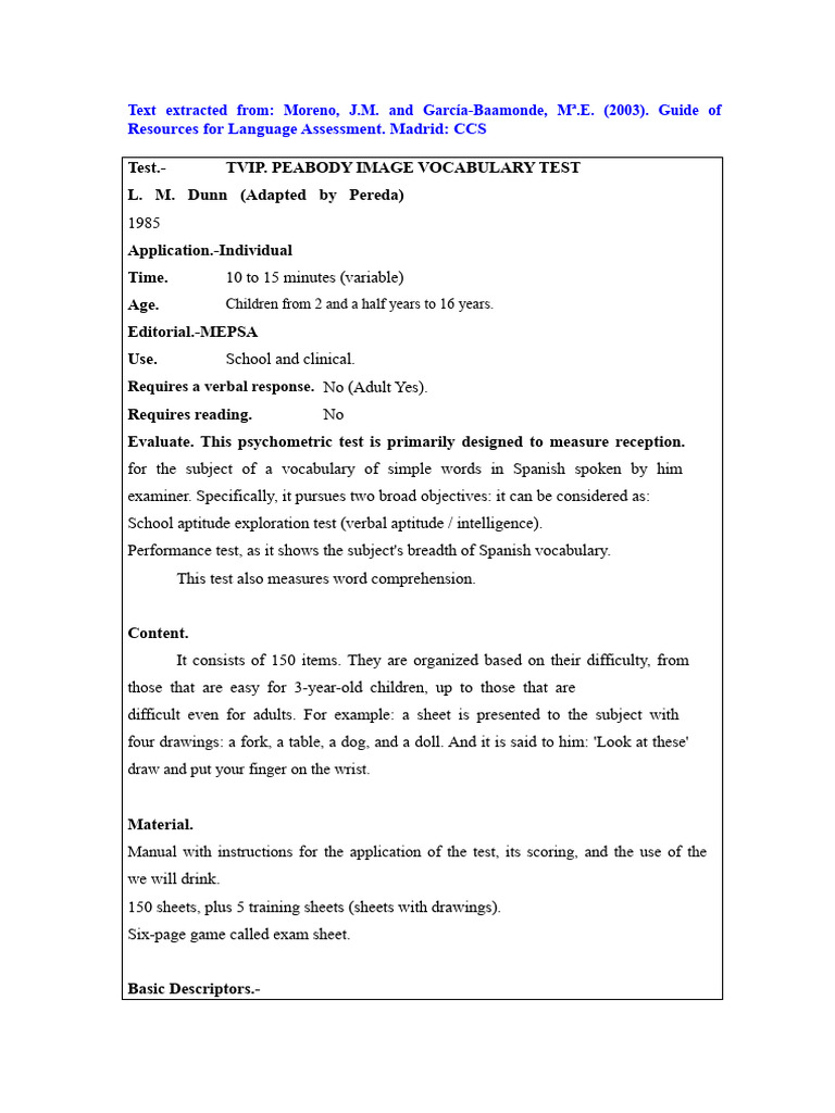 TVIP (Peabody Picture Vocabulary Test) | PDF